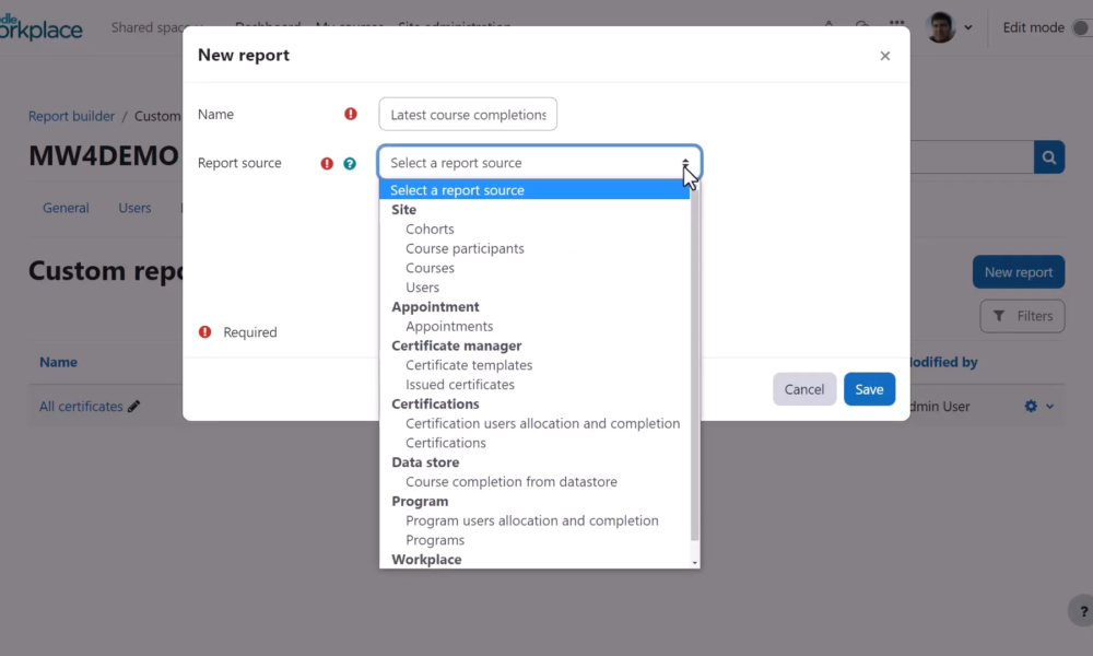 Easily create Custom Reports with Moodle Workplace 4