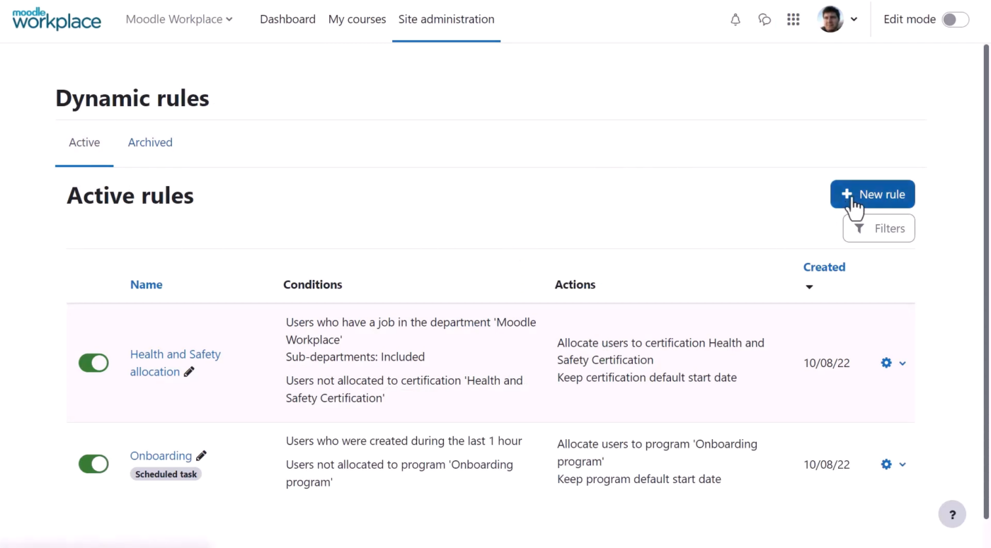Moodle Workplace 4 Dynamic Rules Feature