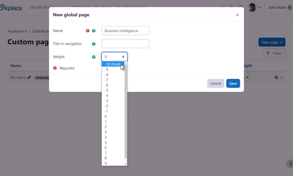 Create and edit custom pages with Moodle Workplace 4